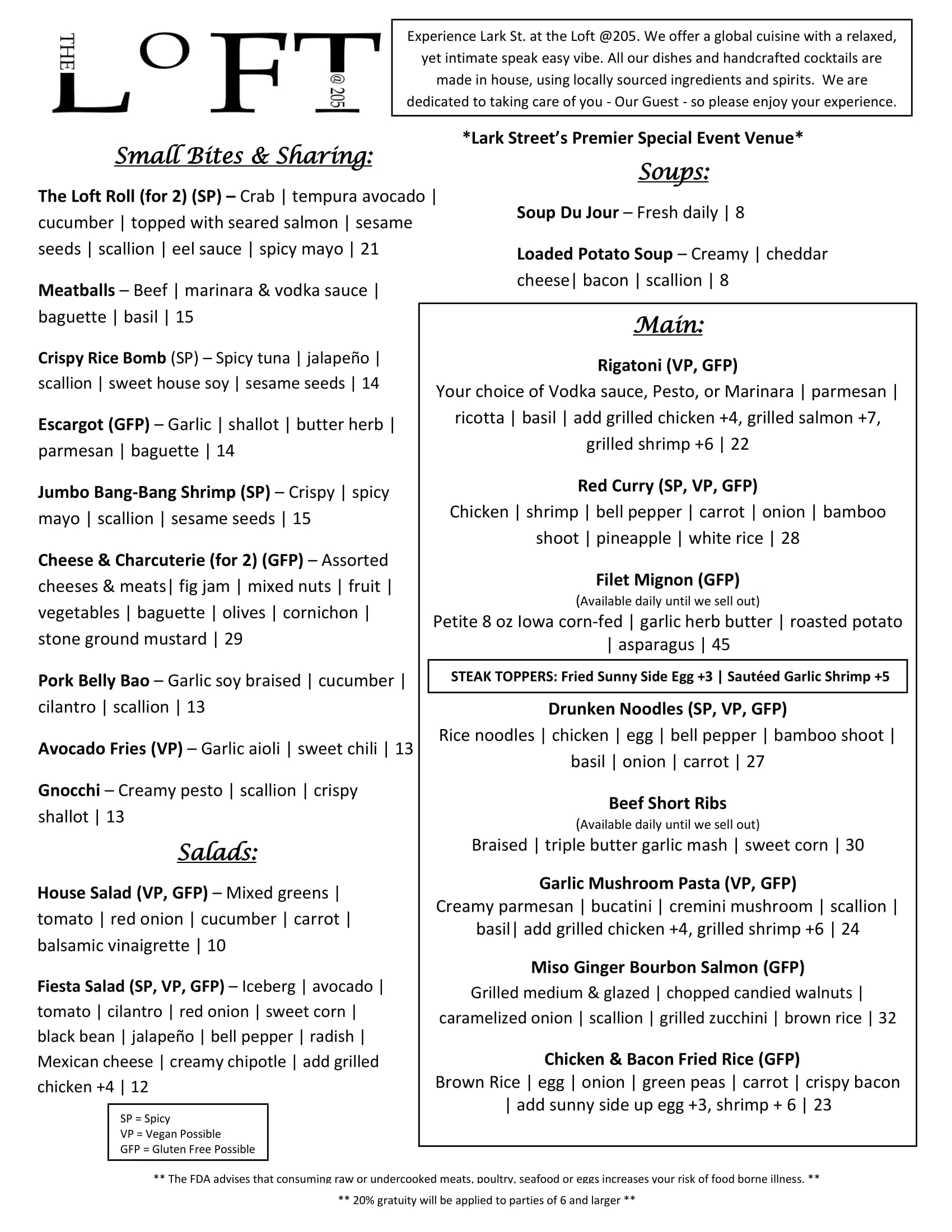 Our Menu – The Loft @205